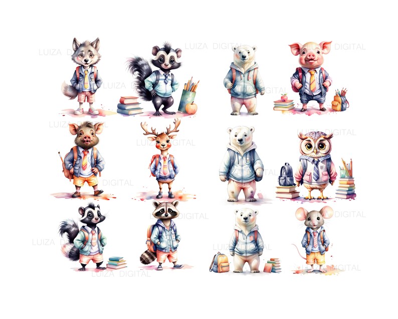 Back to School Animal Clipart Bundle, Watercolor School Woodland Animal ...