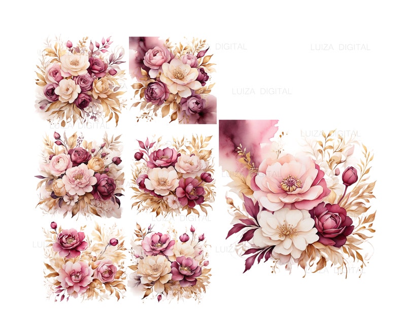 Pink Flowers PNG, Watercolor Magenta Floral Clipart Bouquets, Wedding ...