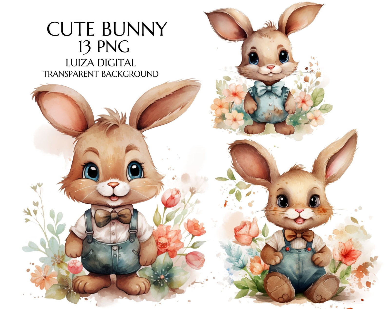 Watercolor Floral Bunny Clipart, Vintage Easter Bunny Png, Country ...