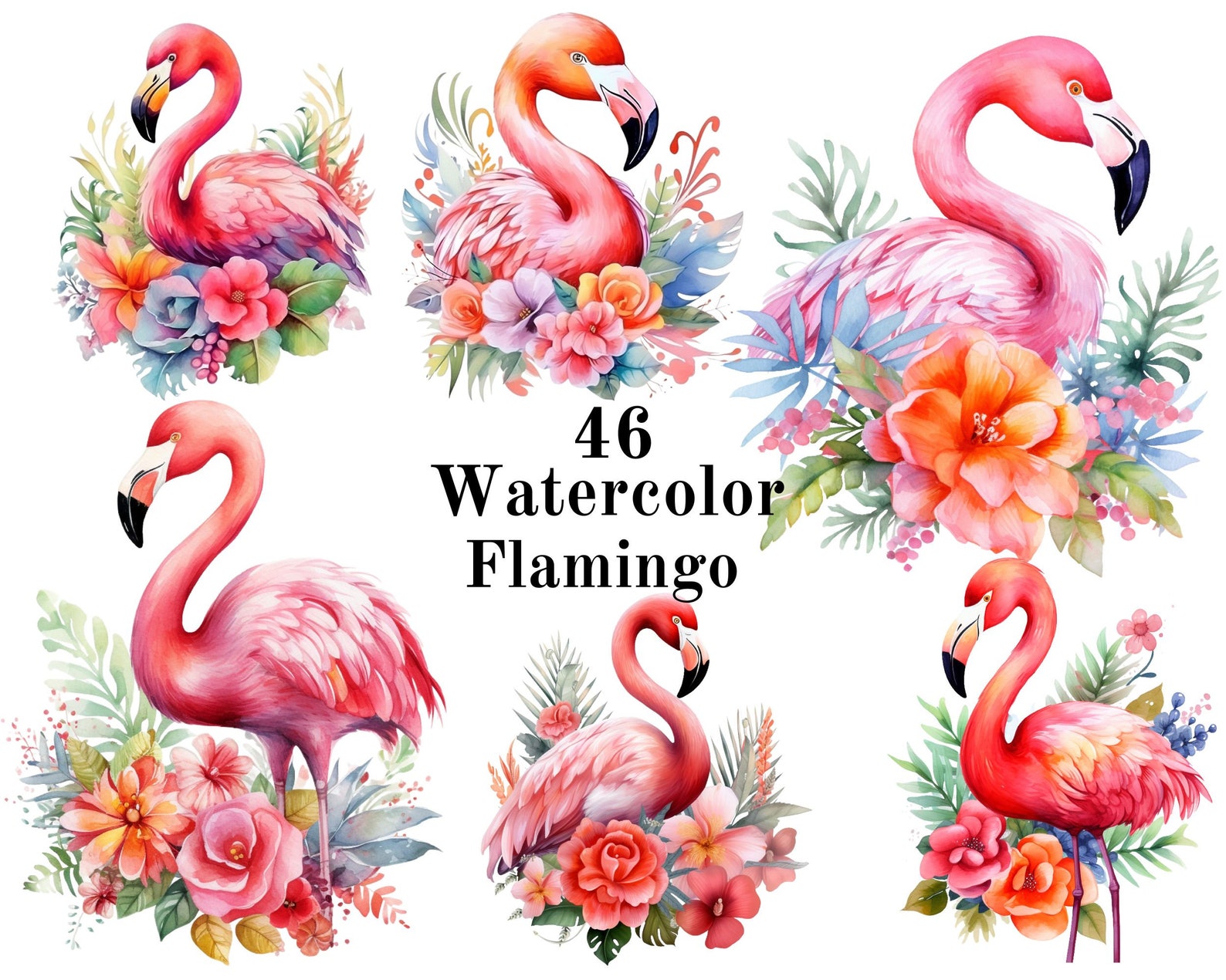 Flamingo Floral Clipart, Watercolor Flamingo Clipart, Floral PNG, Birds ...