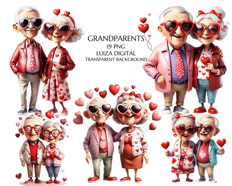 Cute Old Couple Clipart, Cartoon Grandma and Grandpa, Gift for Romantic ...