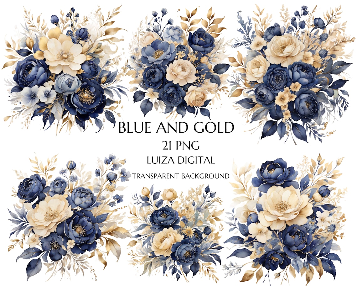 Blue and Gold Flowers PNG, Watercolor Floral Clipart Bouquets, Wedding ...
