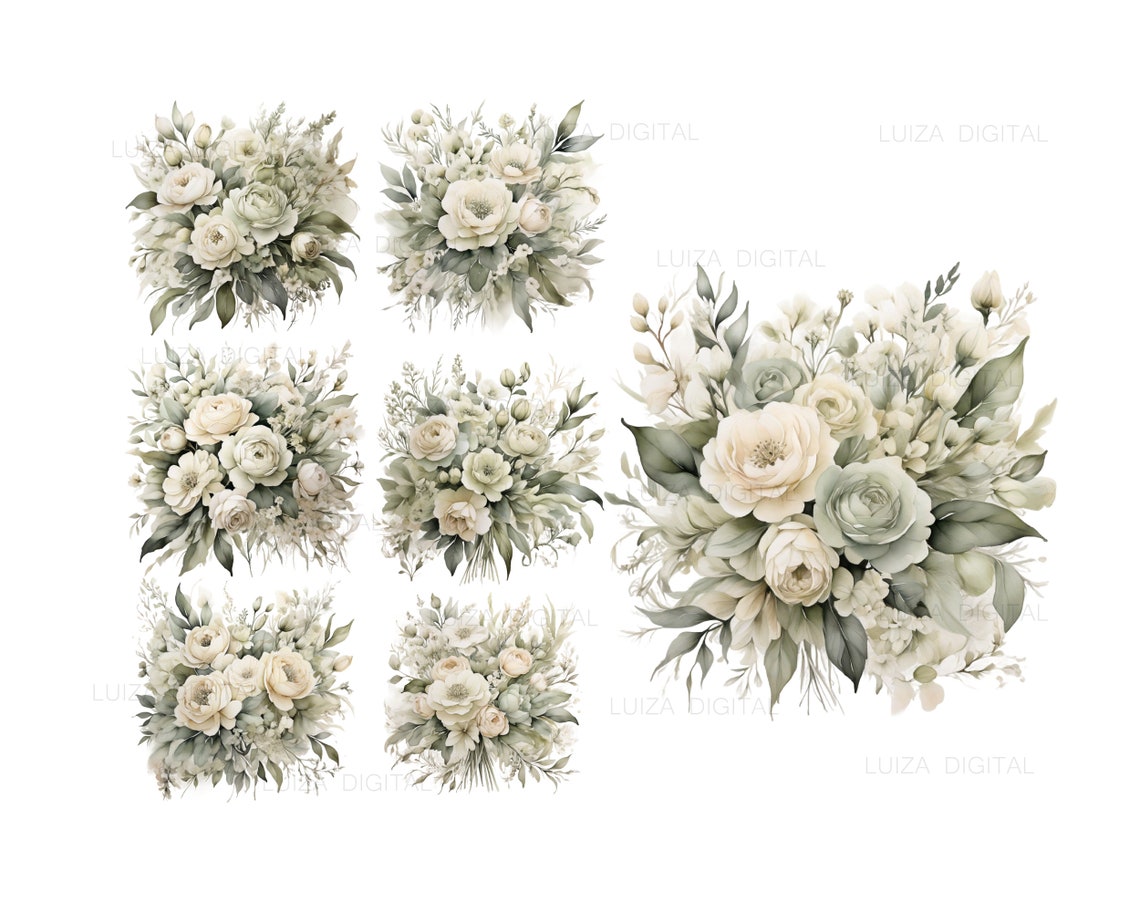 Sage Green and Ivory Flowers PNG, Watercolor Floral Clipart Bouquets ...