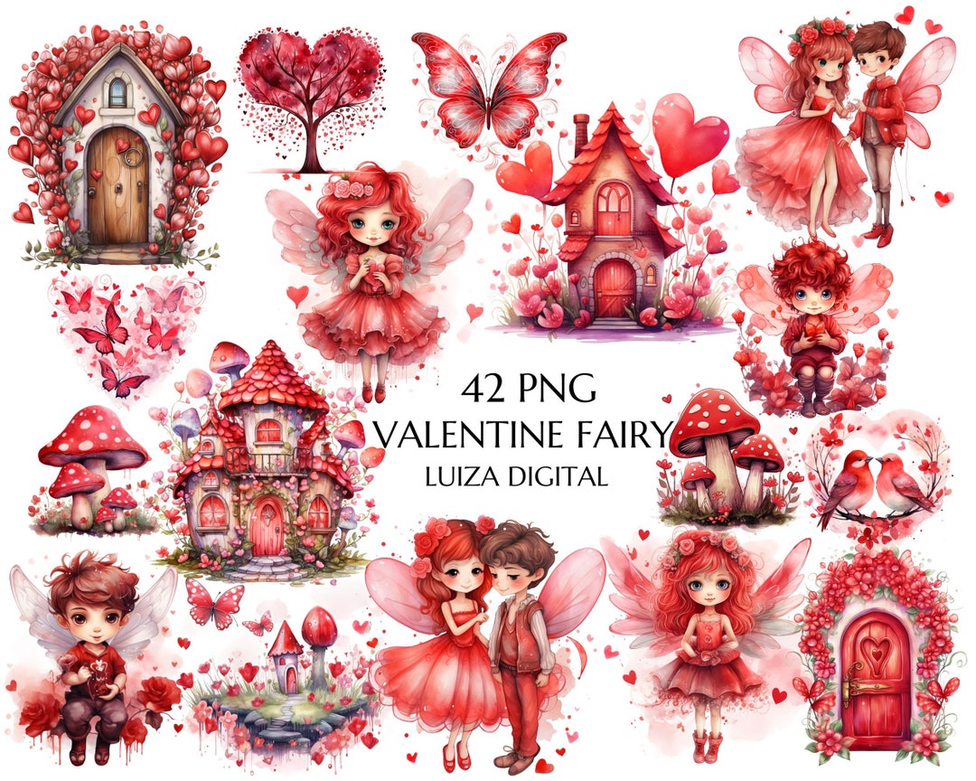 Valentine's Day Fairy Couple Clipart, Red Fairy Boy Clipart, Watercolor ...