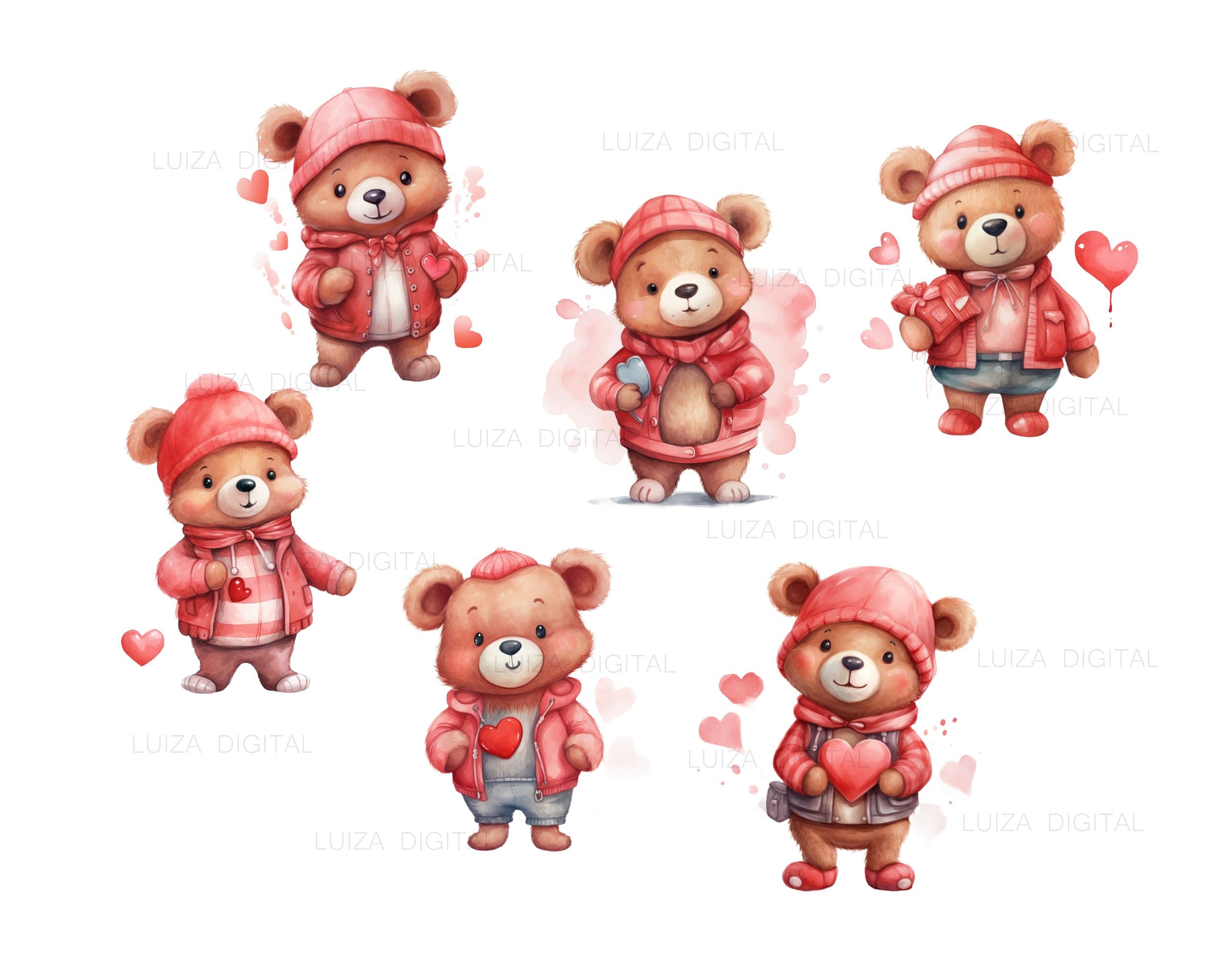 Watercolor Valentines Teddy Bear Clipart, 14 PNG Valentines Day Clipart ...
