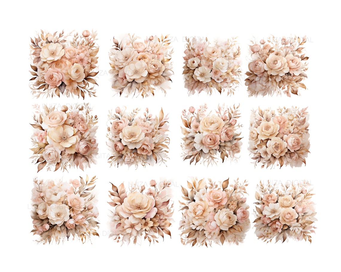 Pink & Gold Flowers PNG, Watercolor Floral Clipart Bouquets, Wedding ...