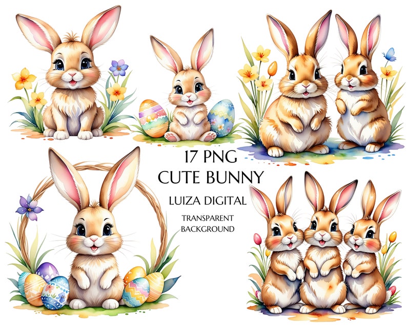 Cute Easter Bunny Clipart, Pastel Watercolor Spring Bunnies, Boho ...