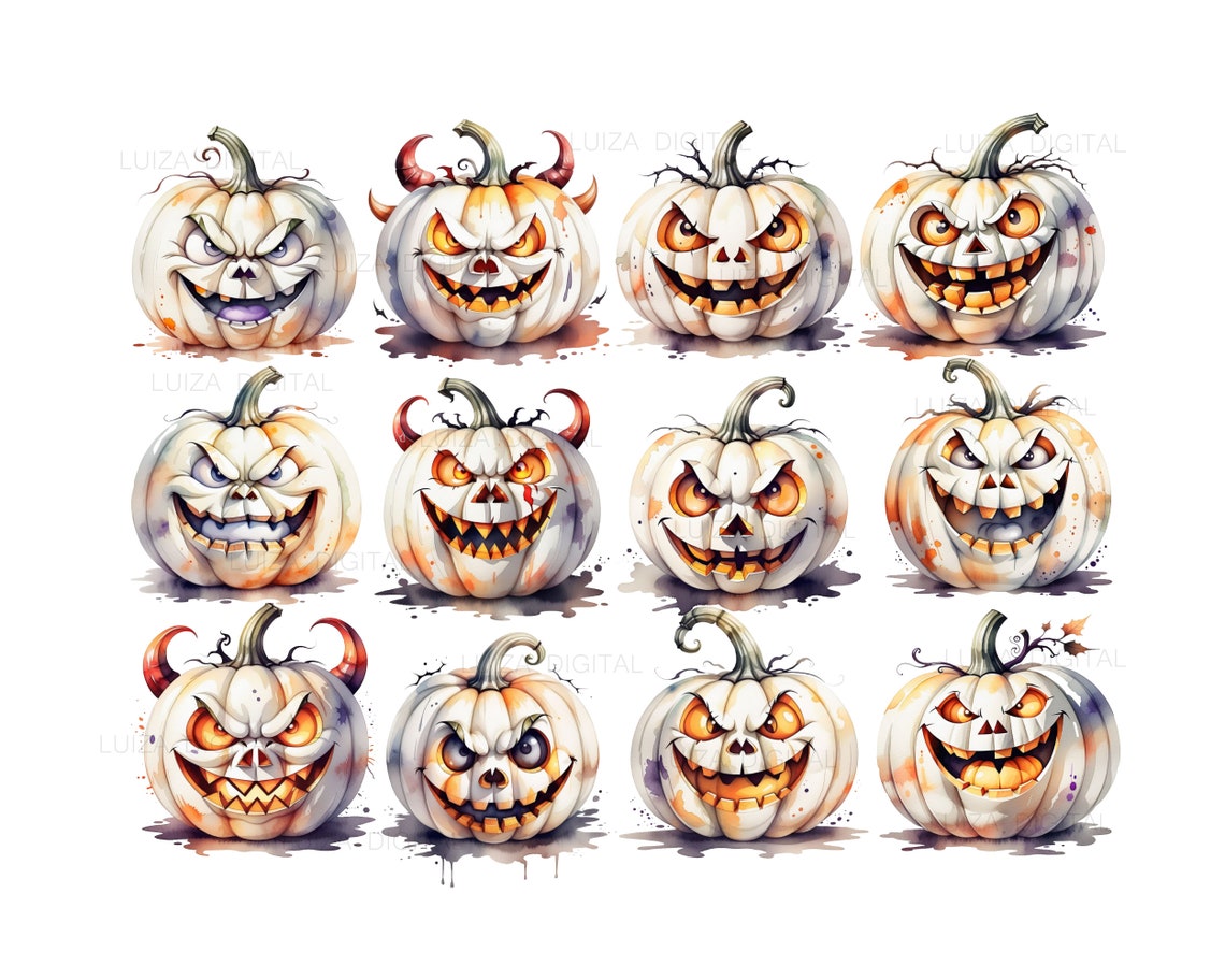 Halloween White Pumpkin Clipart Bundle, Spooky Pumpkin PNG, Scary ...