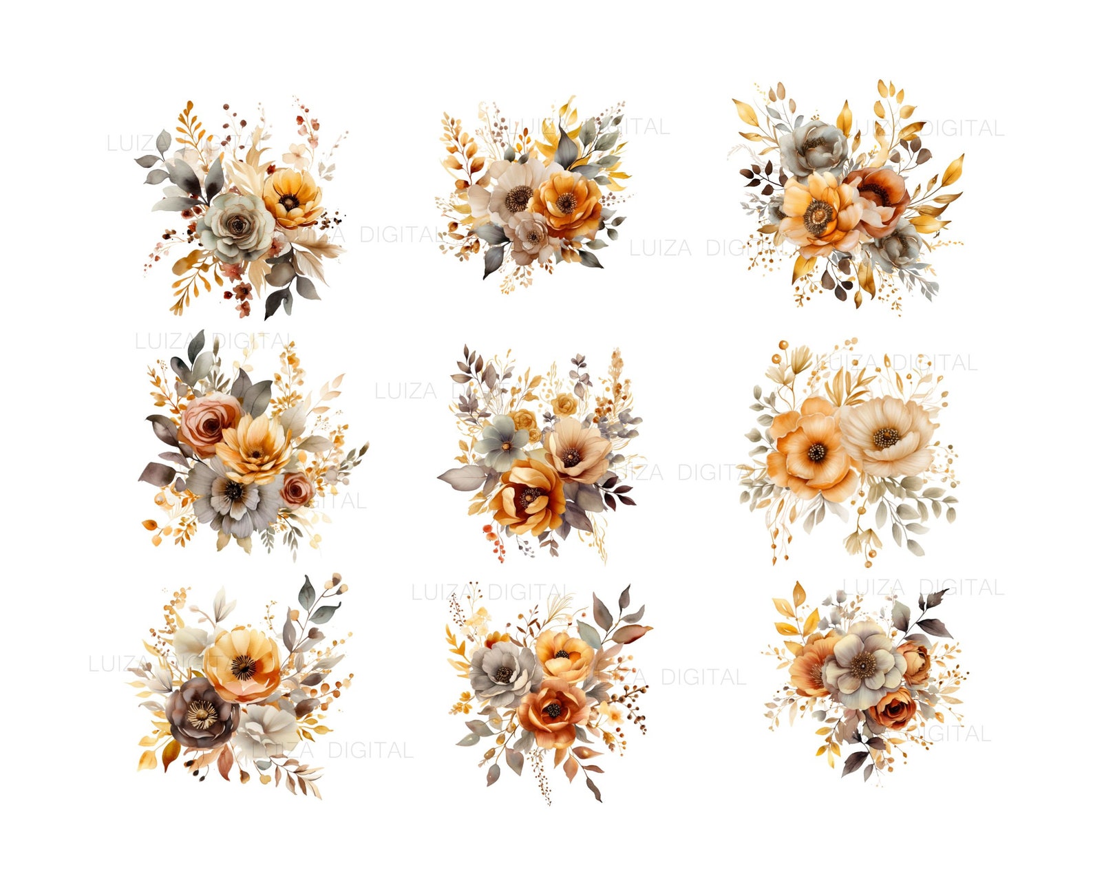 Gold Flowers PNG, Watercolor Floral Clipart Bouquets, Wedding Flowers ...