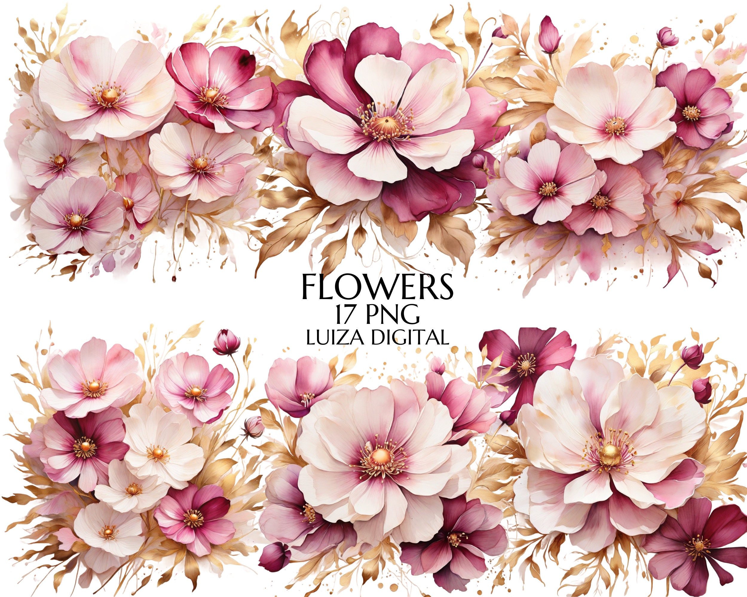 Pink and Gold Flowers PNG, Watercolor Magenta Floral Clipart Bouquets ...