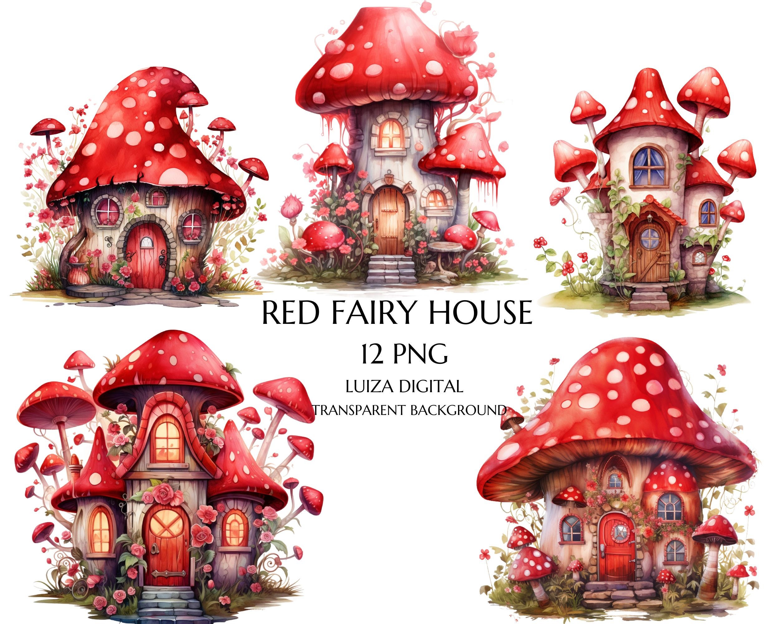 Adorable Red Fairy House Clipart, Watercolor Fairy House Clipart ...