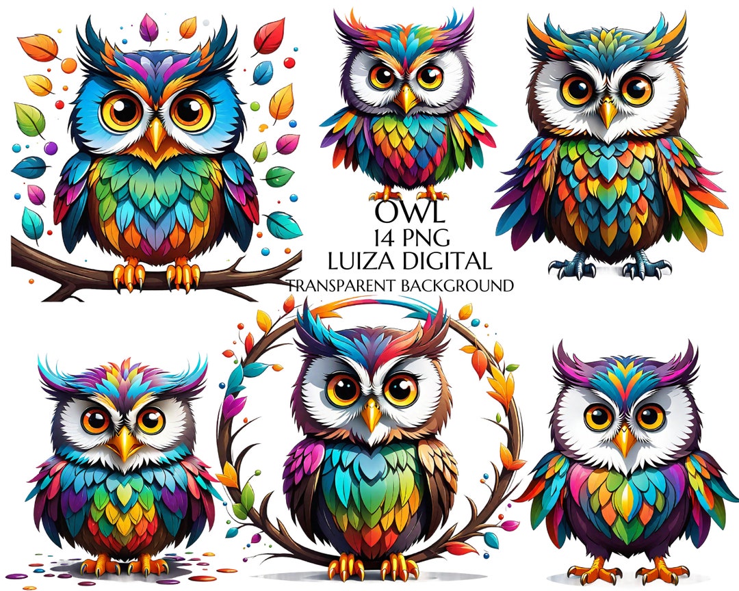 Colorful Cute Owl Clipart Bundle, Vibrant Colorful Bird, Watercolor ...