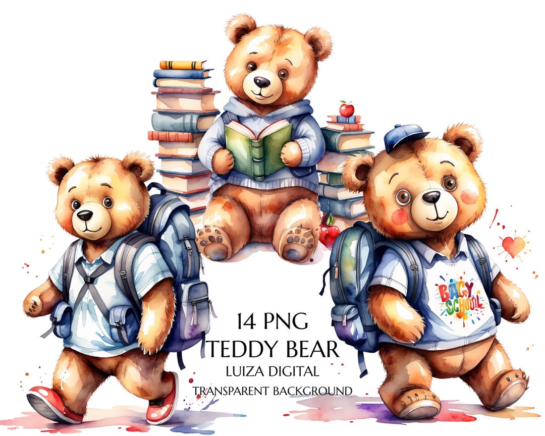 Watercolor Teddy Bear Clip Art, Back to School Teddy Bear, School PNG ...