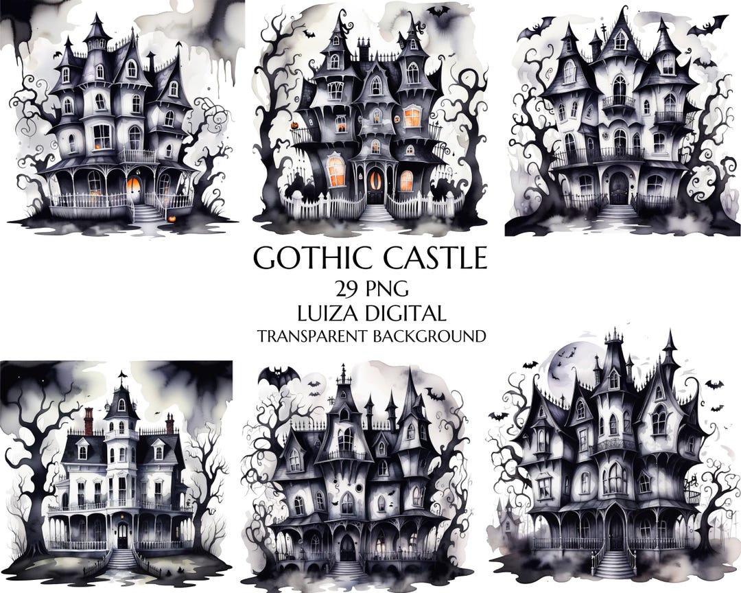 Haunted House Clipart & Watercolor Gothic Castle PNG for Spooky ...