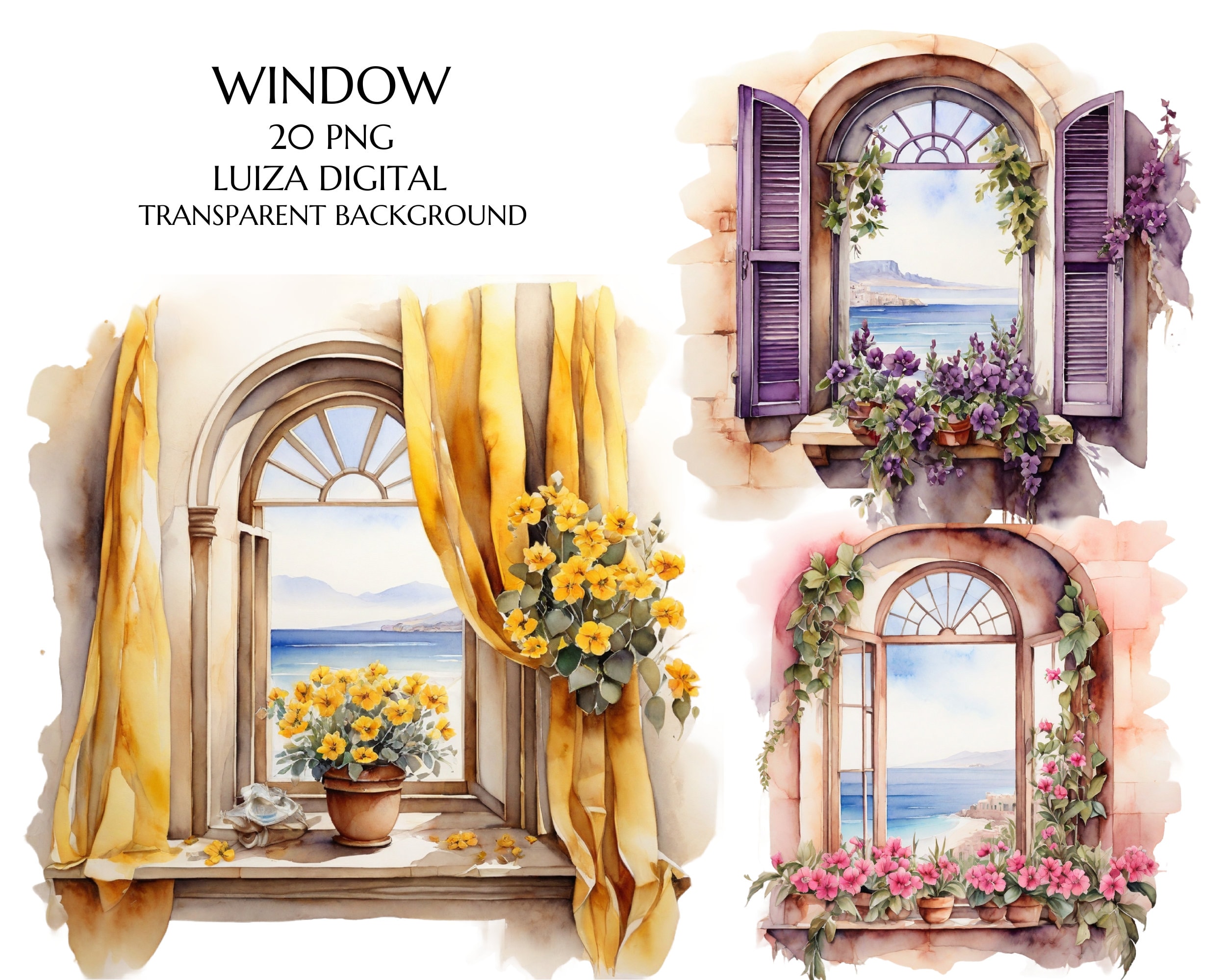 Watercolor Medirerranean Windows Clipart, Pink Floral Spring ...