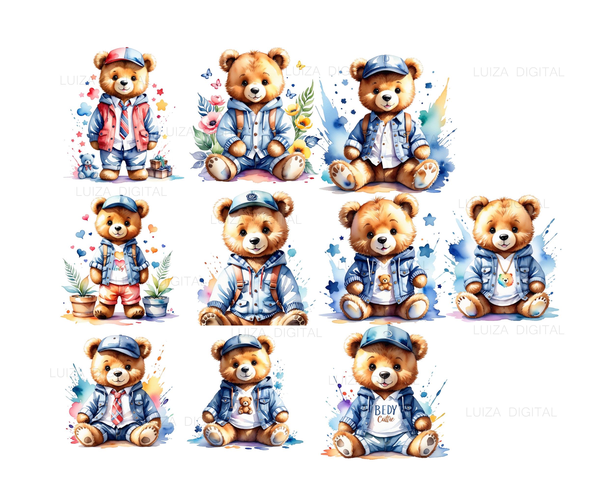 Watercolor Teddy Bear Clip Art, Baby Shower for a Boy, Vintage Teddy ...