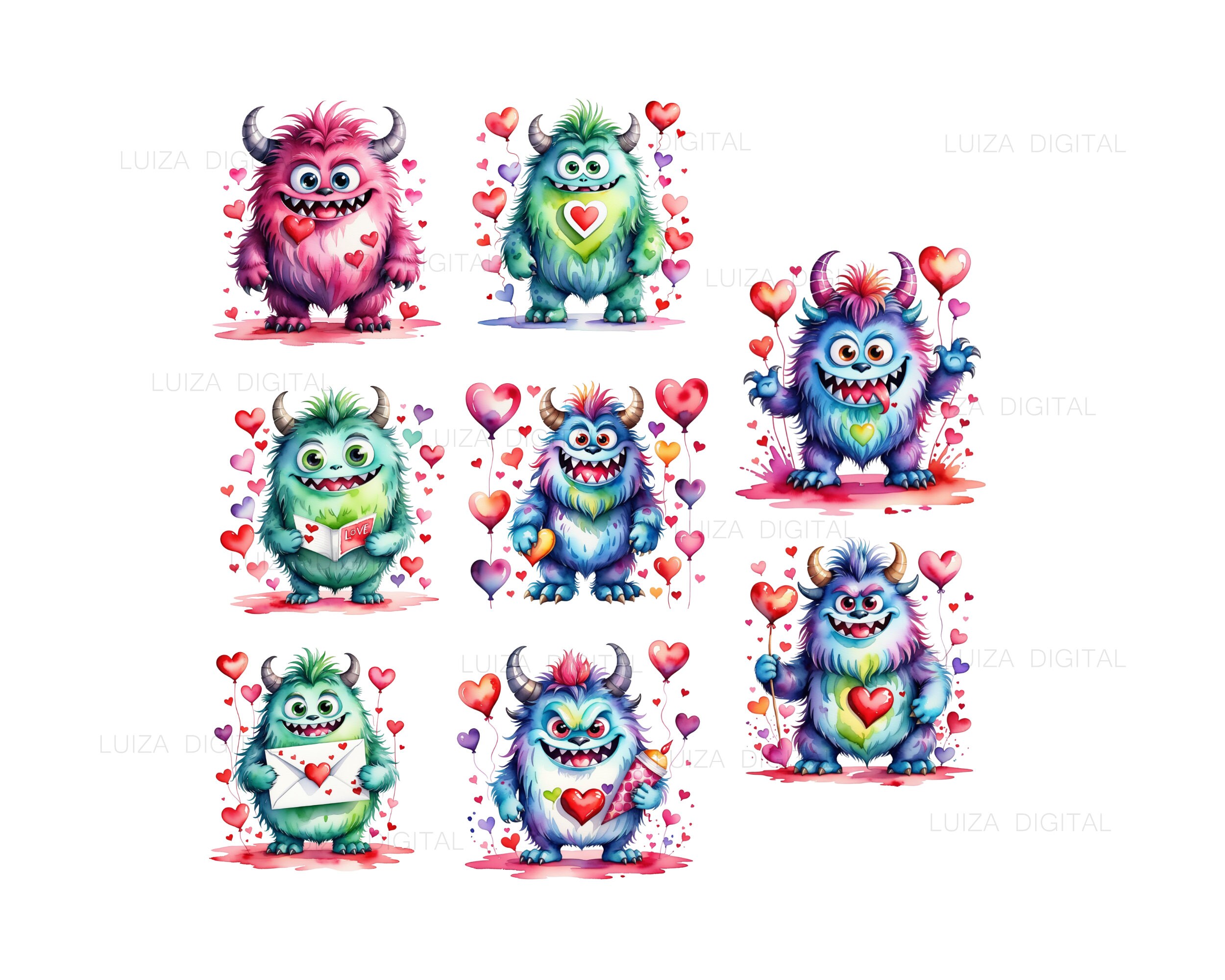 Watercolor Cute Cartoon Valentines Monsters Clipart, 15 PNG Valentines ...