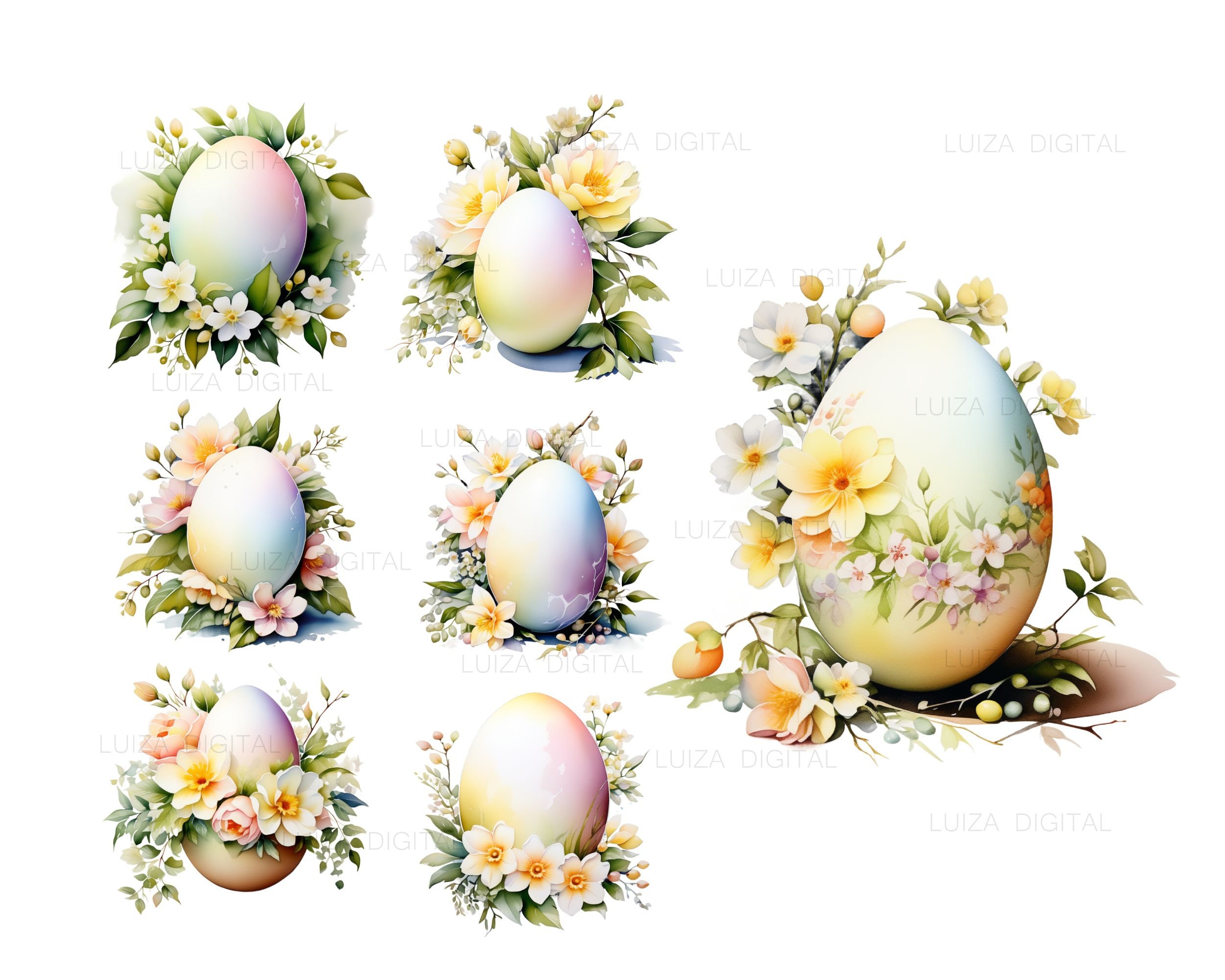Floral Egg Clipart, Watercolor Easter Eggs Clipart, Whimsical 3D Easter ...