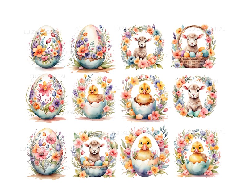 Boho Easter Bunny Clipart, Rabbit Clipart, Easter Eggs With Flowers ...