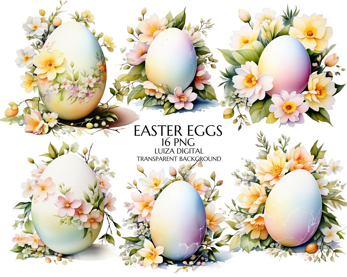 Floral Egg Clipart, Watercolor Easter Eggs Clipart, Whimsical 3D Easter ...