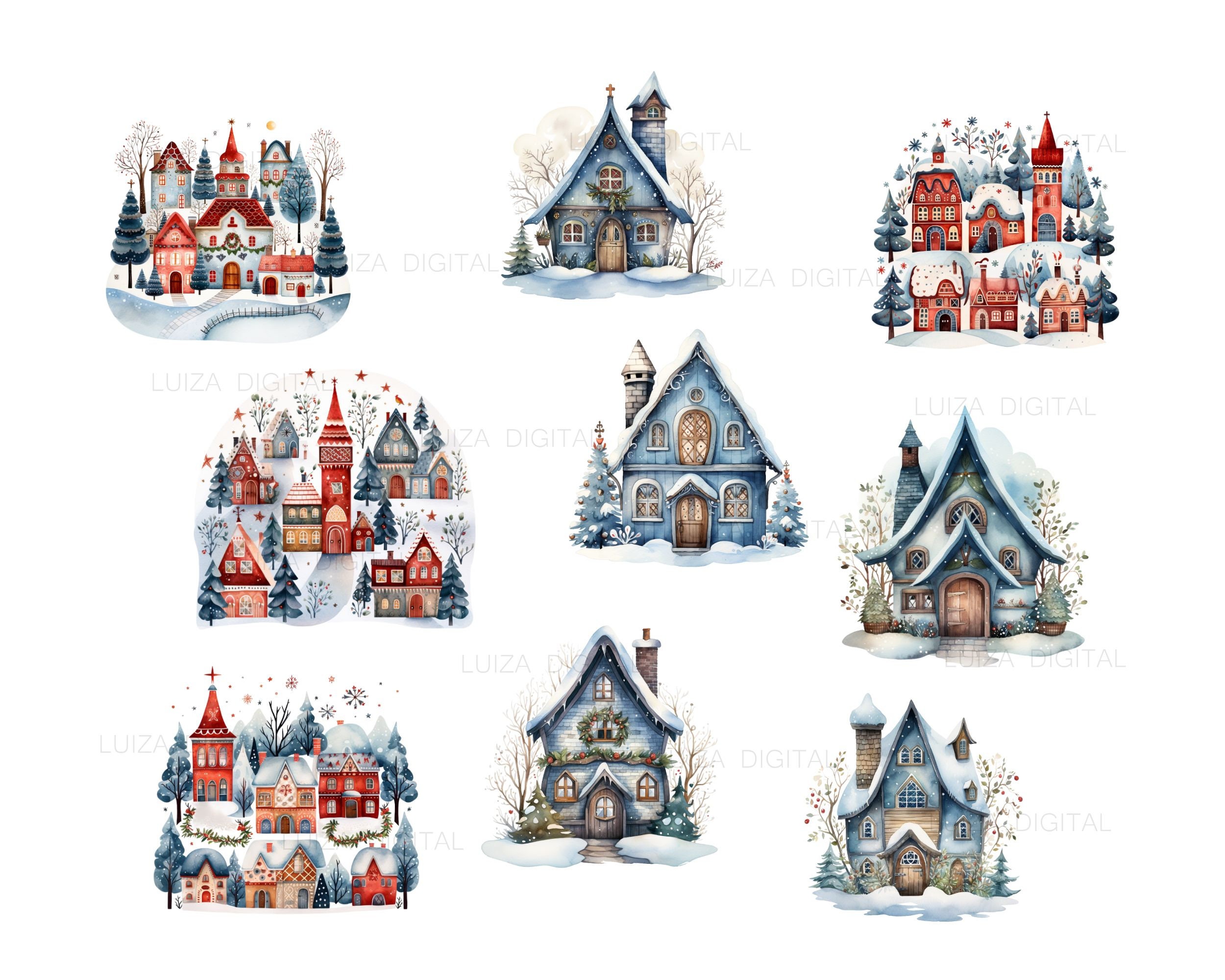 Scandinavian Christmas House Clipart Watercolor Folk - Etsy