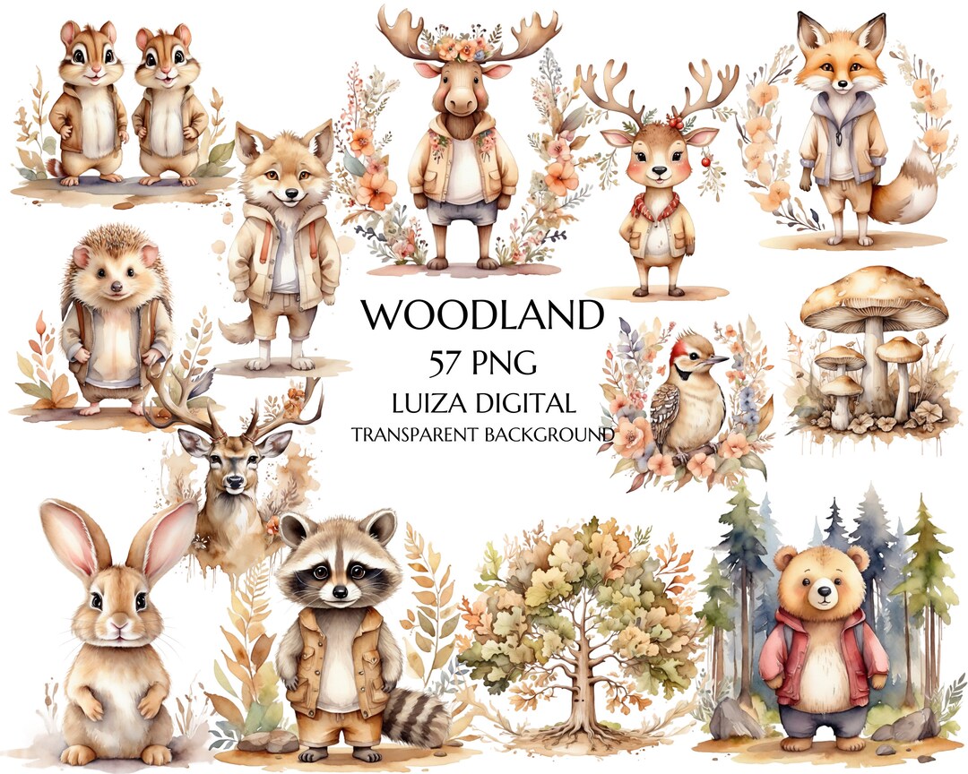 Woodland Clipart, Woodland Animals, Trees, Mushrooms Clipart, Bear, Fox ...