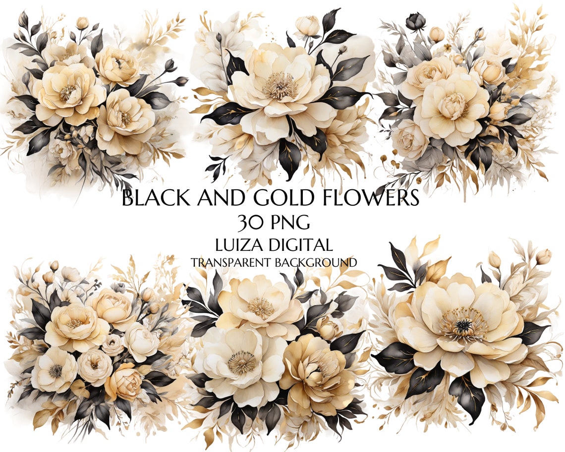Black and Gold Flowers PNG, Watercolor Floral Clipart Bouquets, Wedding ...