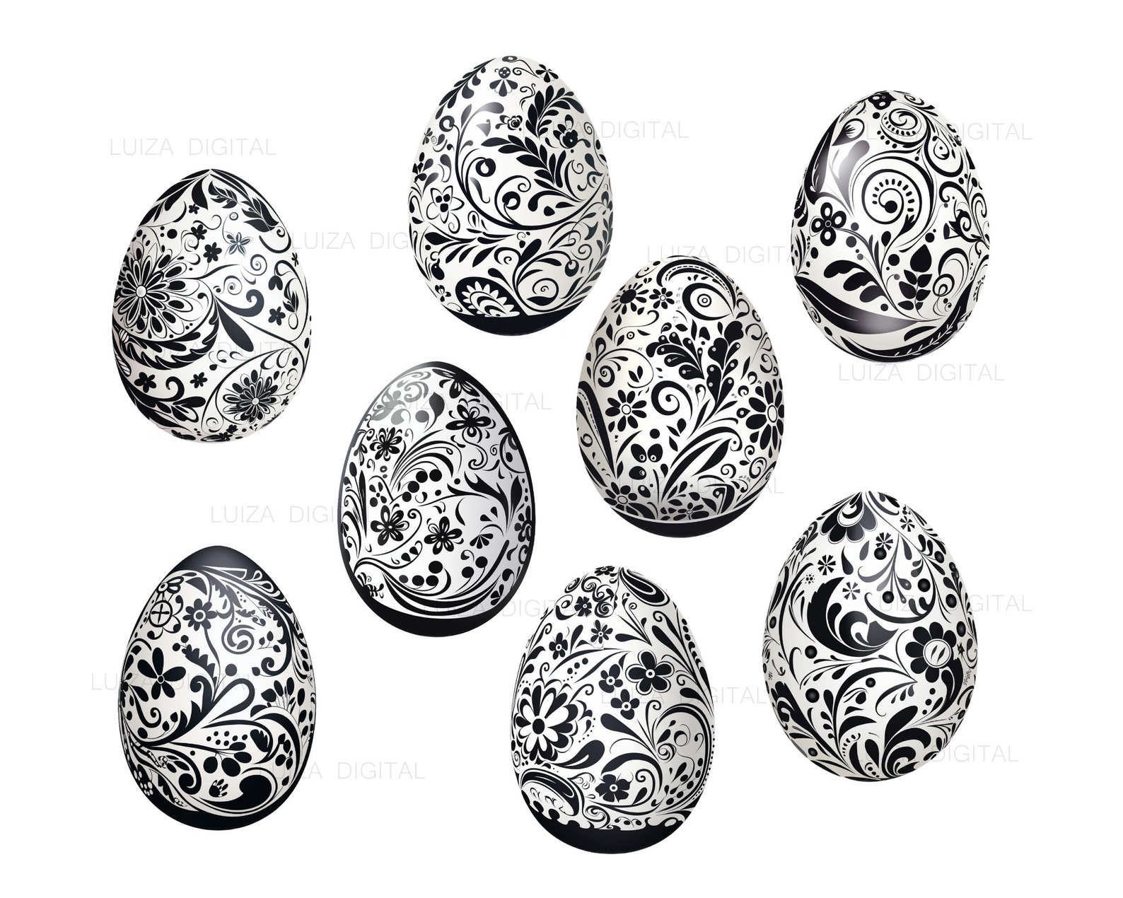 Black and White Easter Egg Clipart, Whimsical Easter Egg PNG, Floral ...