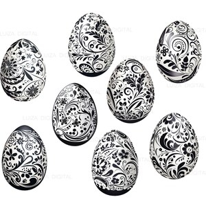 Black and White Easter Egg Clipart, Whimsical Easter Egg PNG, Floral ...