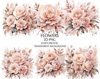 62 Pink & Gold Flowers PNG, Watercolor Floral Clipart Bouquets ...