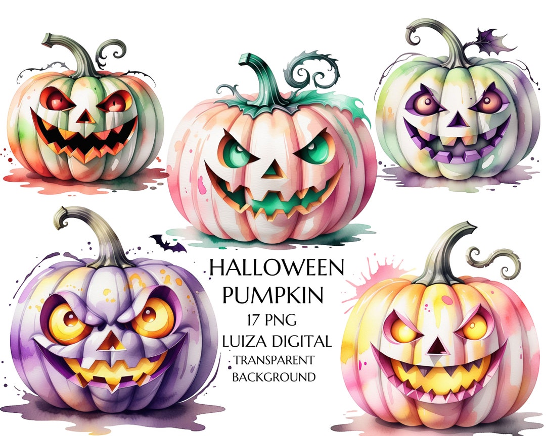 Halloween Pastel Pumpkin Clipart Bundle, Spooky Pumpkin PNG, Scary ...