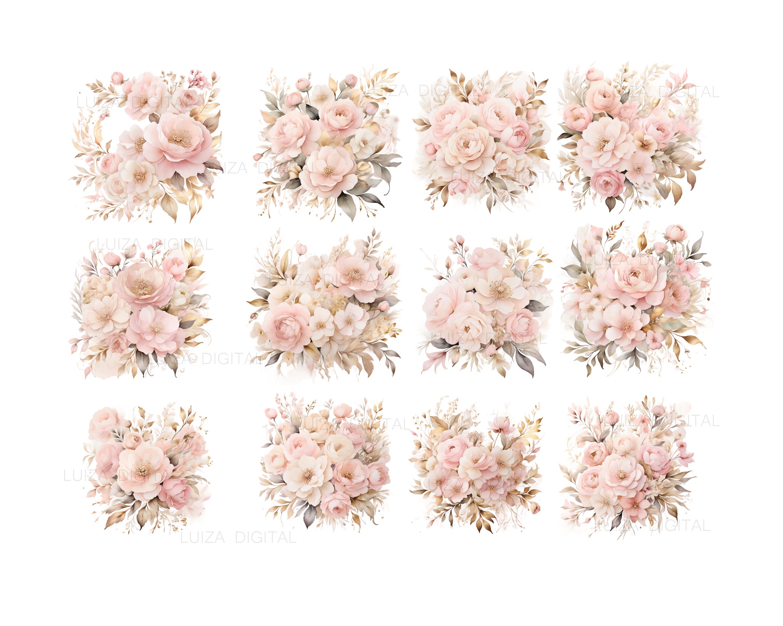 Pink & Gold Flowers PNG, Watercolor Floral Clipart Bouquets, Wedding ...
