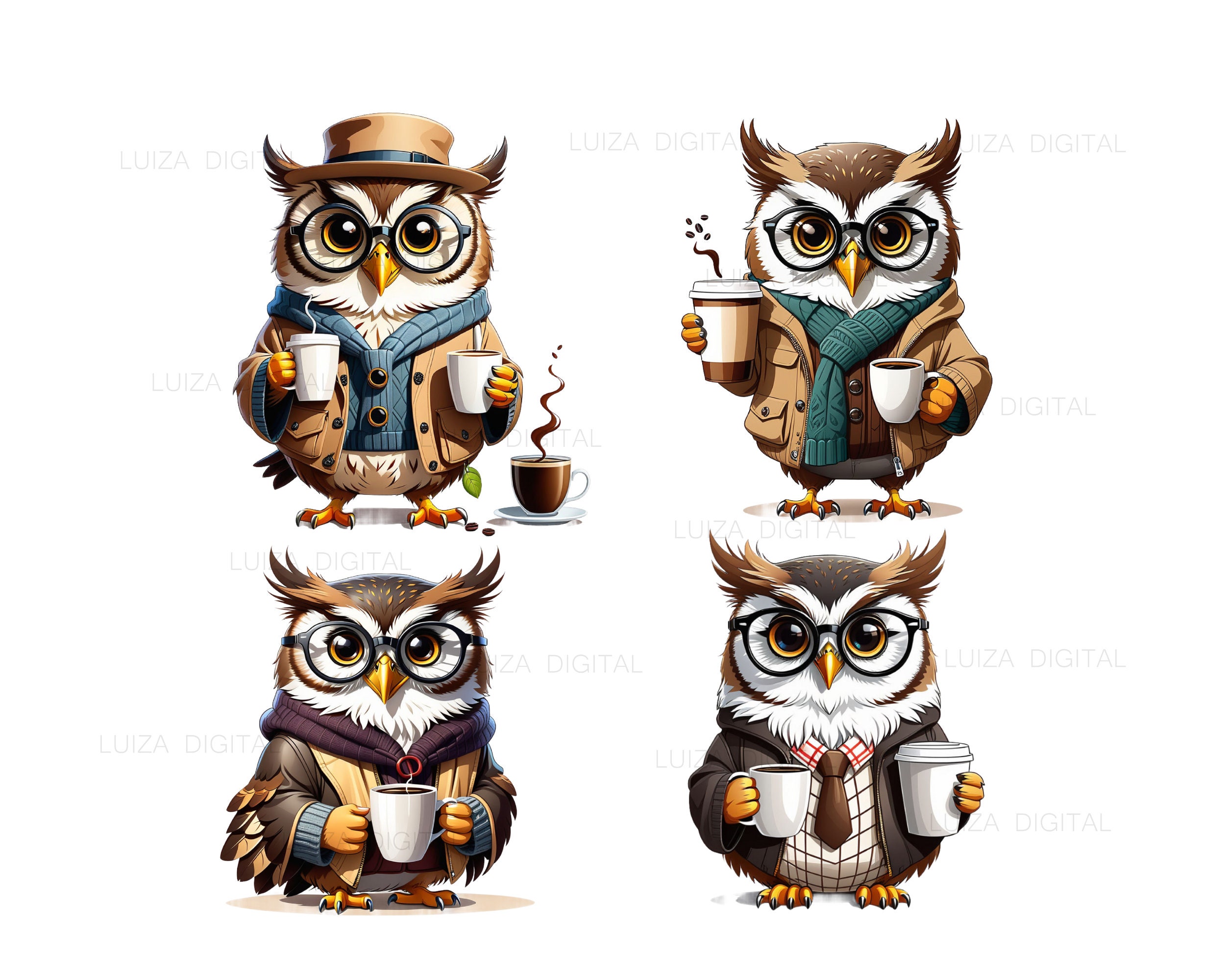 Owl Drink Coffee Clip Art, Owl With Coffee Cup, Watercolor Funny Birds ...
