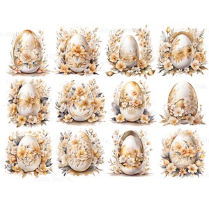 Floral Egg Clipart, Watercolor Easter Eggs Clipart, Gold Easter Egg PNG ...