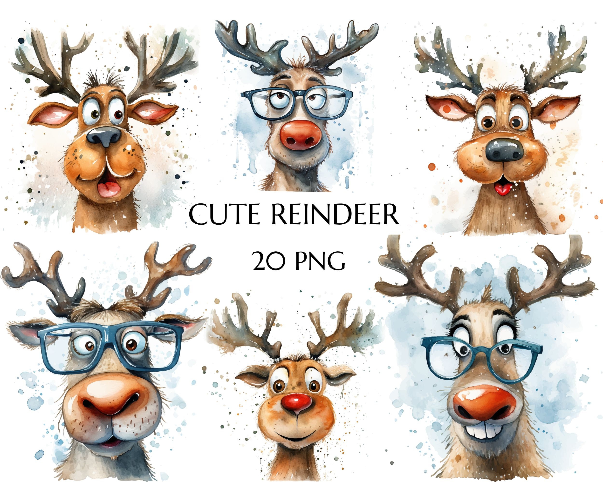 Watercolor Funny Reindeer Clipart,christmas Reindeer, Quirky Reindeer ...