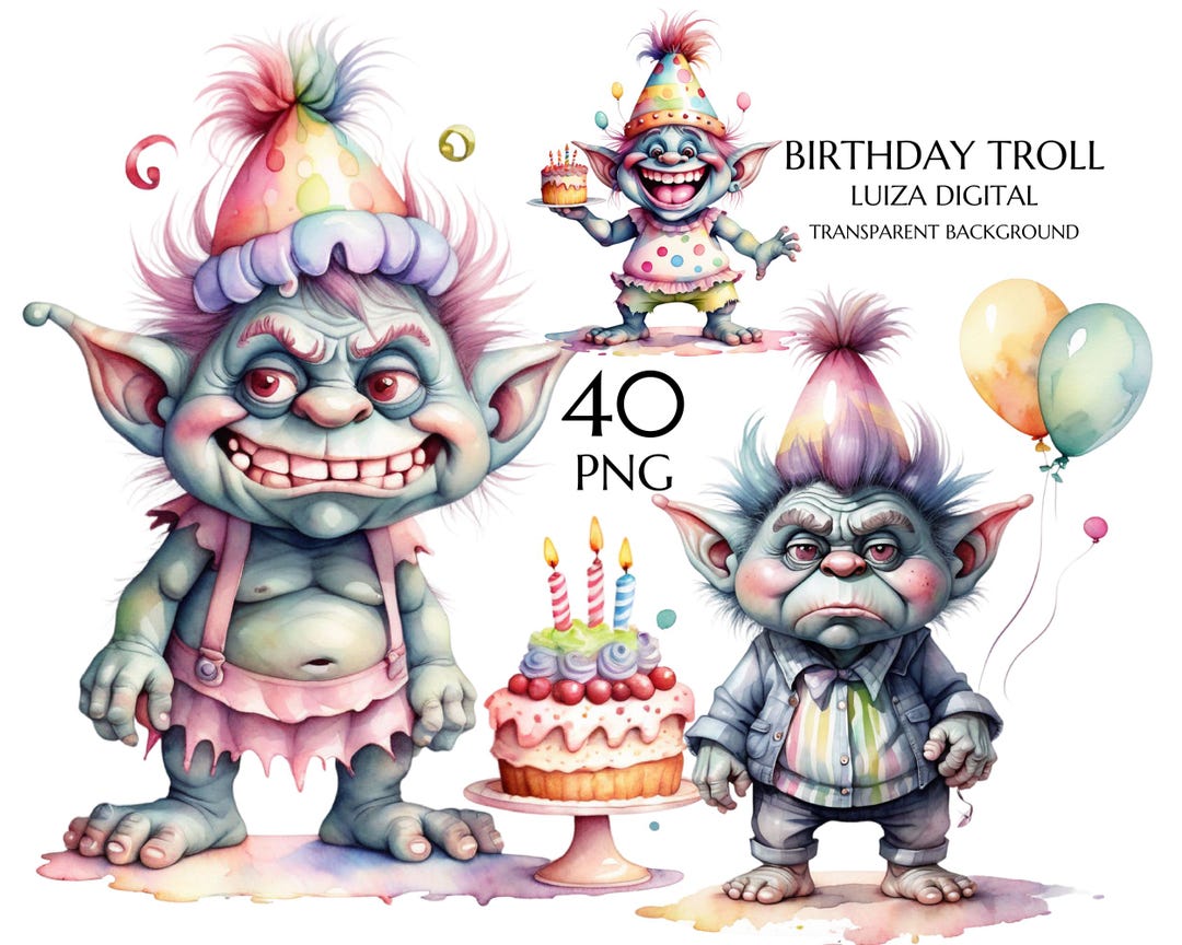 Pastel Birthday Troll Clipart Bundle, Grumpy Birthday Gnome PNG ...