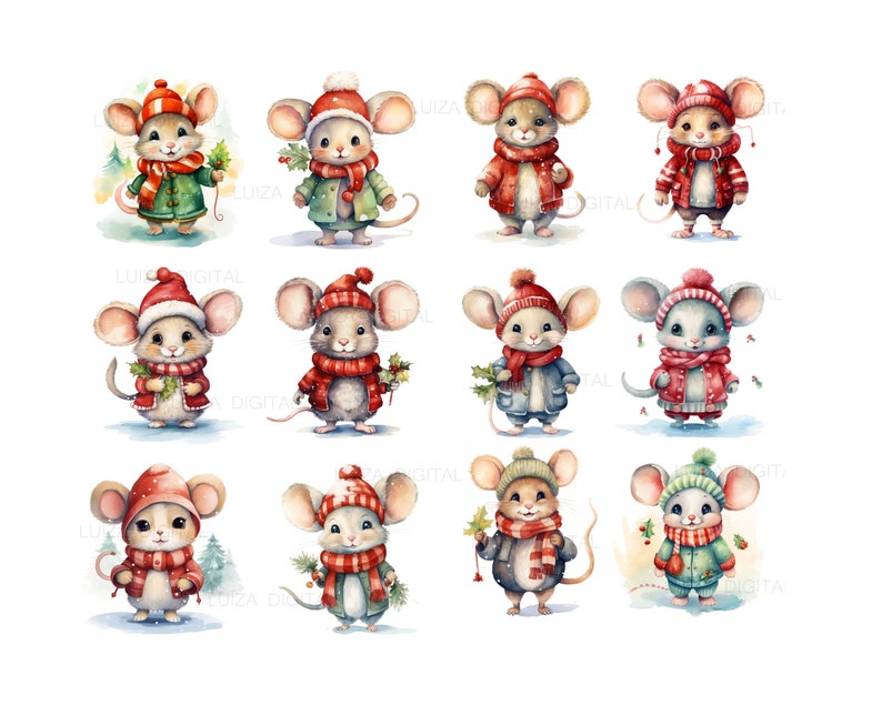 Watercolor Christmas Mice Clipart, Christmas Mouse, Winter Watercolor ...
