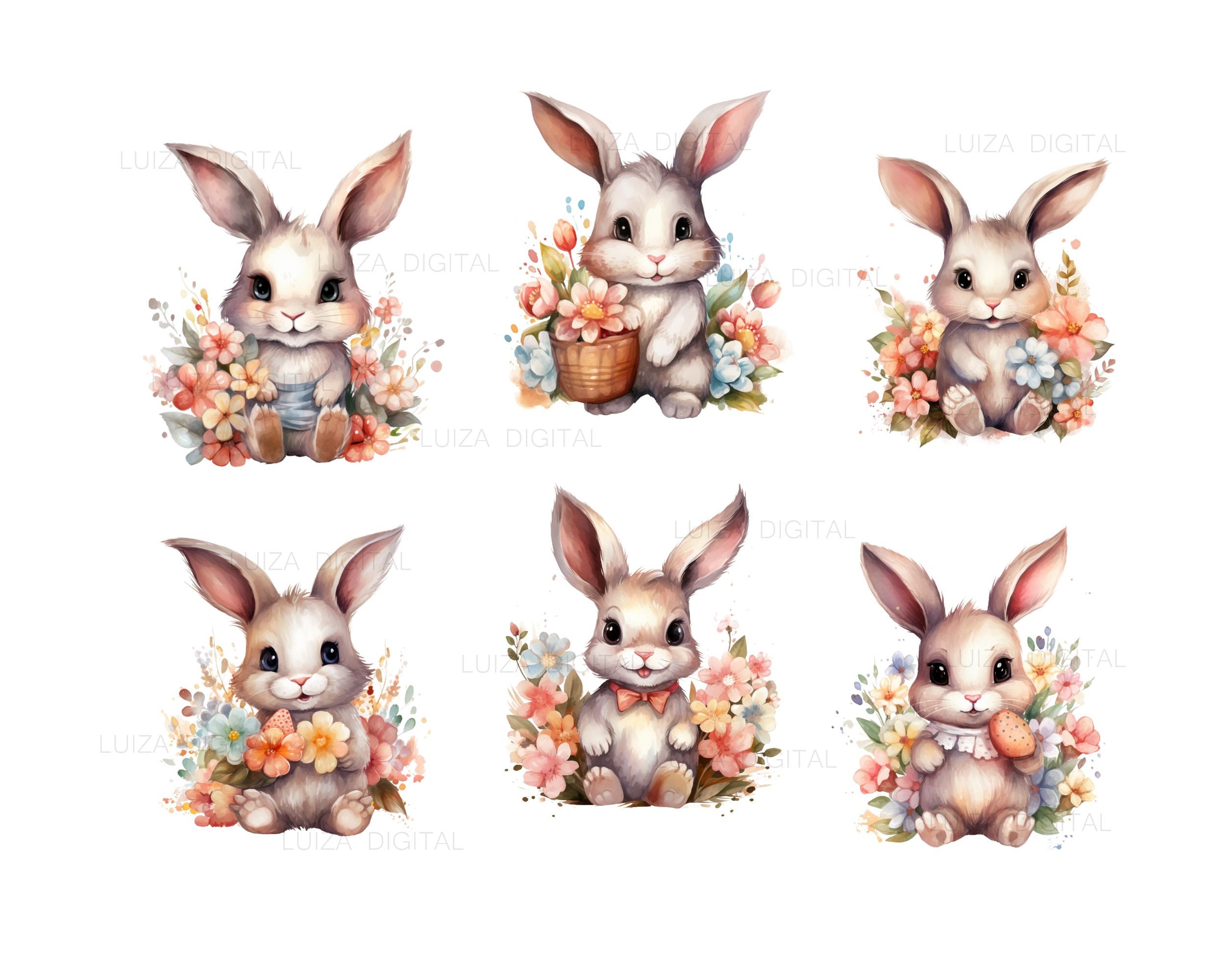Watercolor Floral Bunny Clipart, Vintage Easter Bunny Clipart, Baby ...