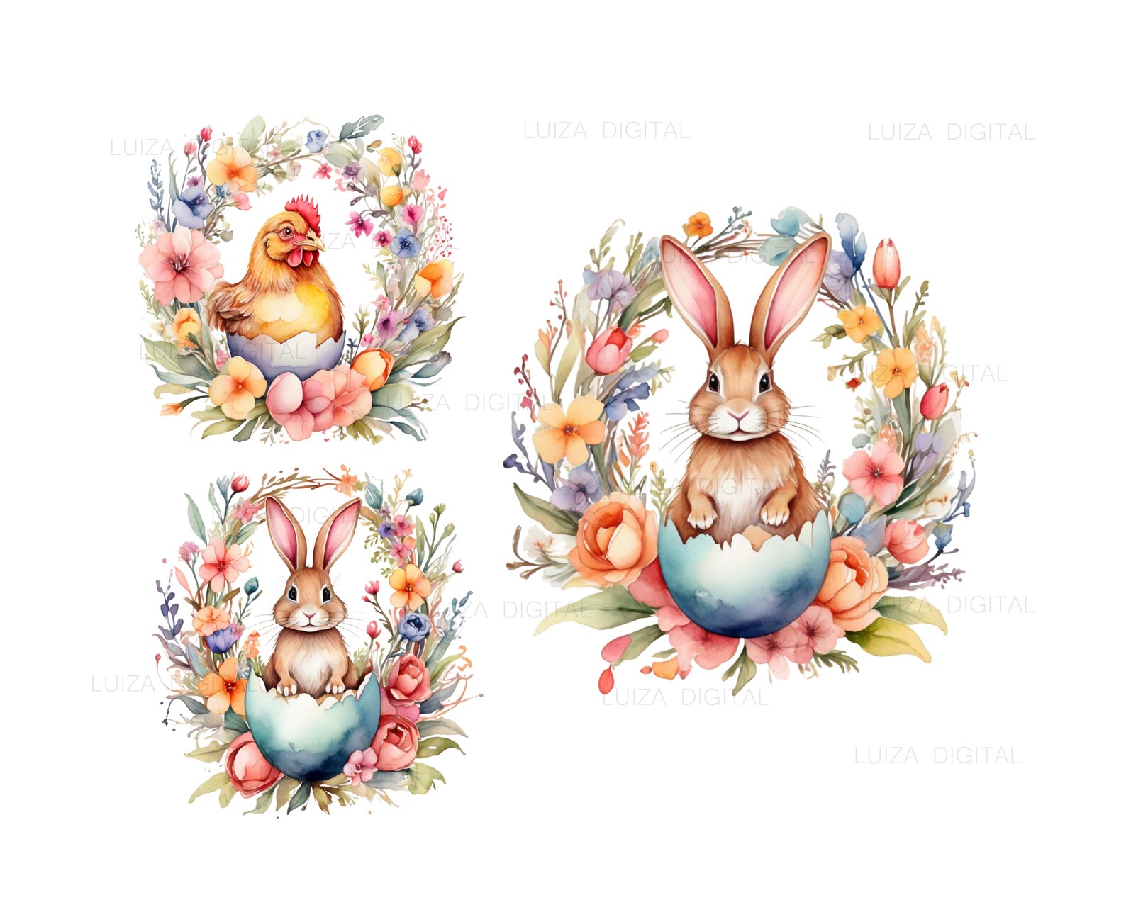 Boho Easter Bunny Clipart, Rabbit Clipart, Easter Eggs With Flowers ...