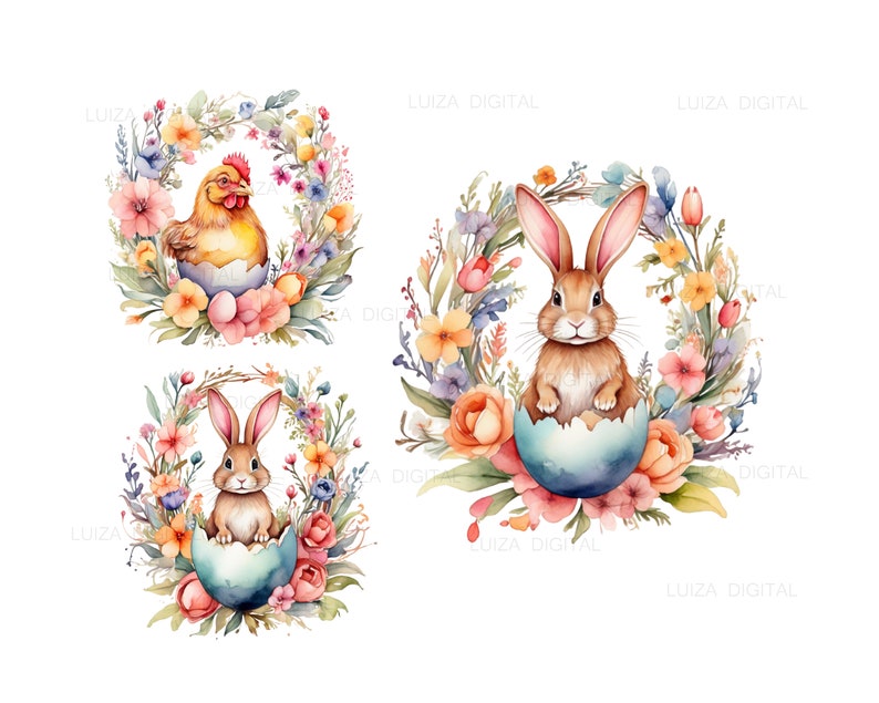 Boho Easter Bunny Clipart, Rabbit Clipart, Easter Eggs With Flowers ...