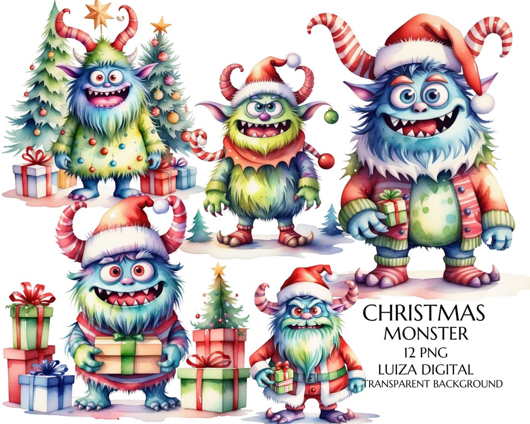Watercolor Winter Monsters Clipart, 12 PNG Christmas Monster Clipart ...