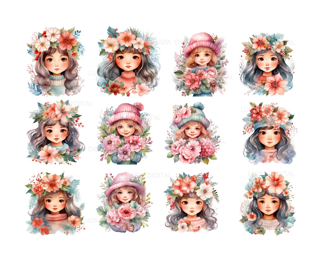 Watercolor Woman Clipart Flower Faces Clipart Flower Girl - Etsy