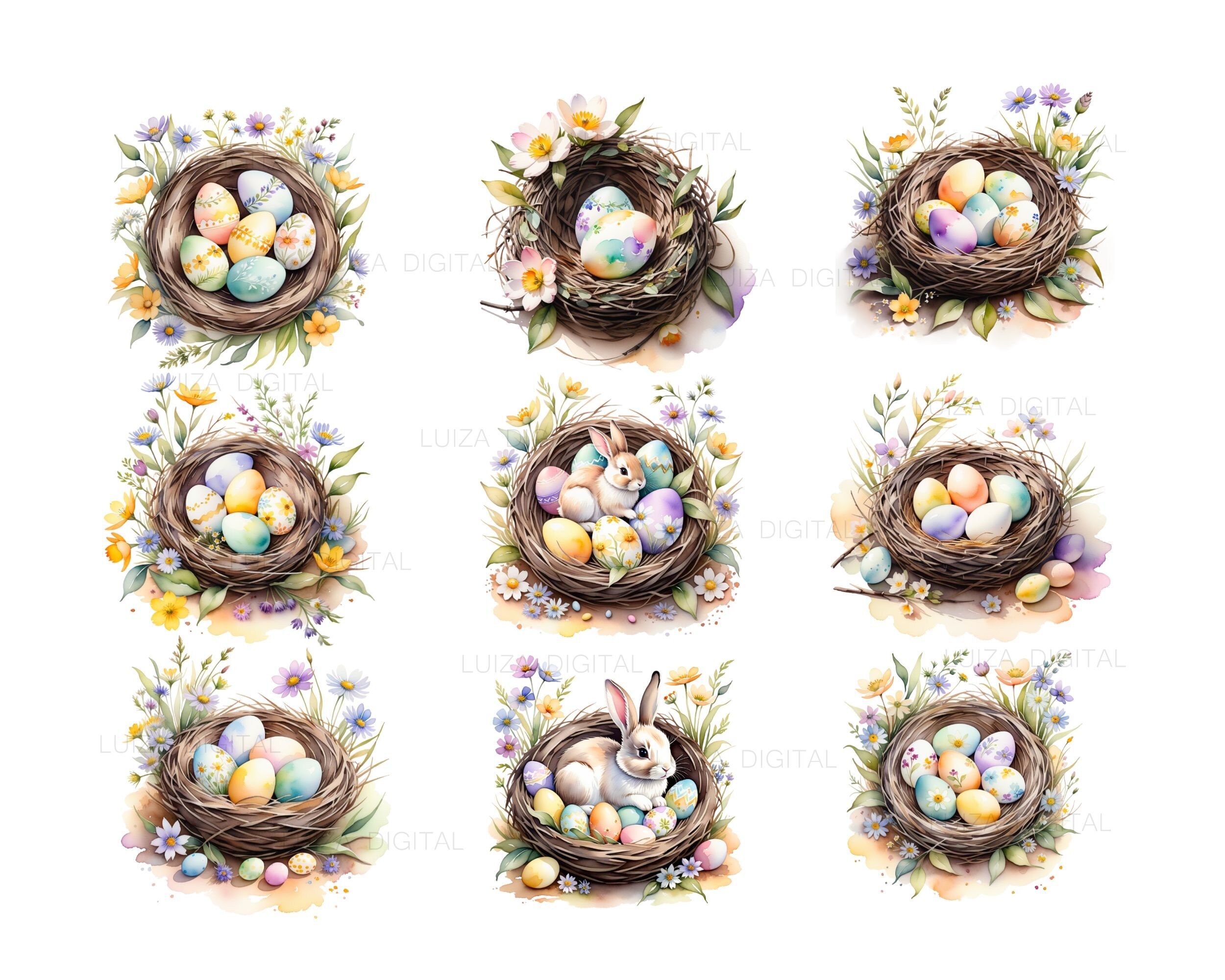 Watercolor Nest With Easter Eggs Clipart, Easter Bunny Clipart, Easter ...