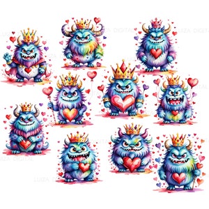 Watercolor Cute Cartoon Valentines Monsters Clipart, 20PNG Valentines ...