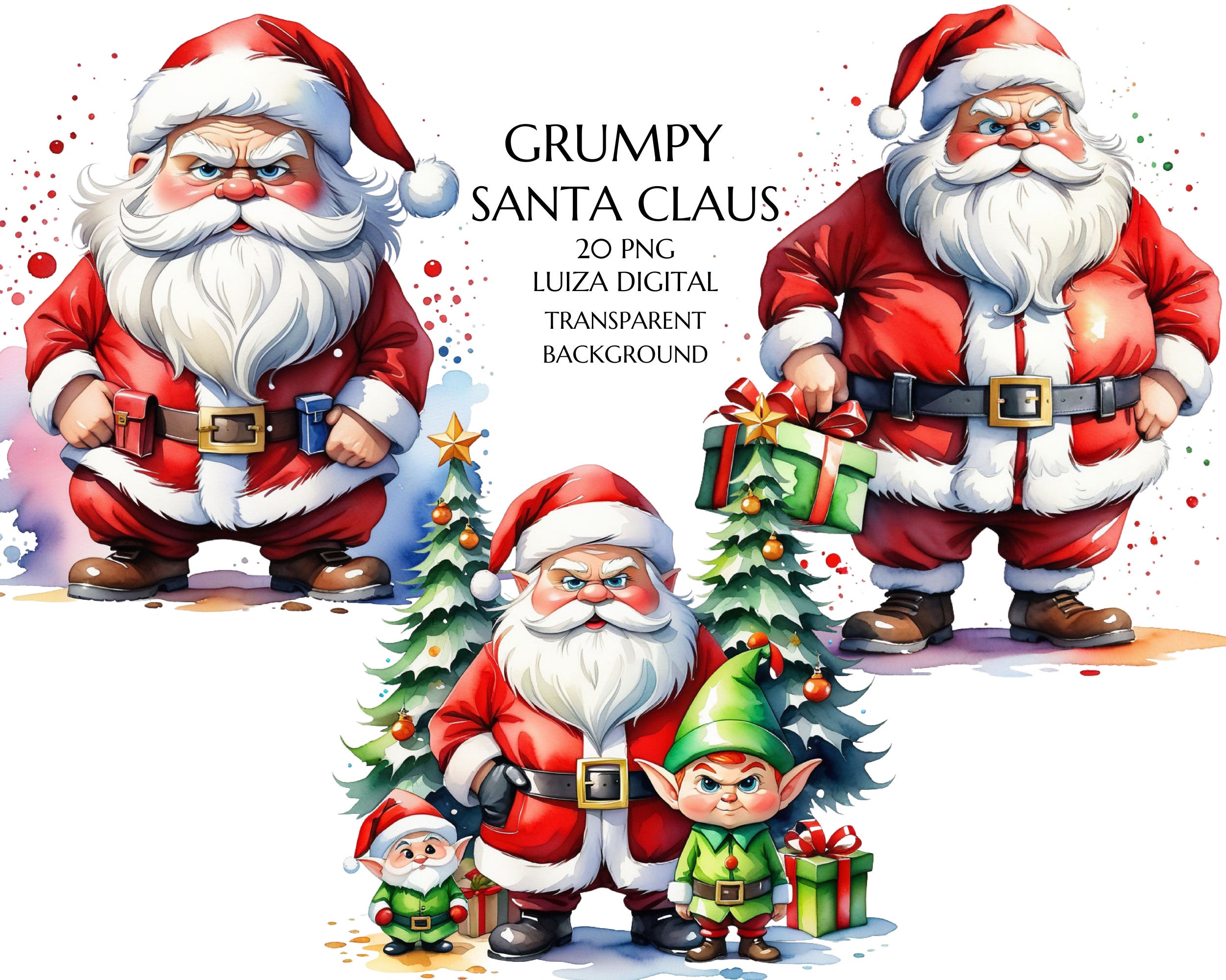 Watercolor Grumpy Santa Claus Clipart, Santa PNG, Watercolor Christmas ...