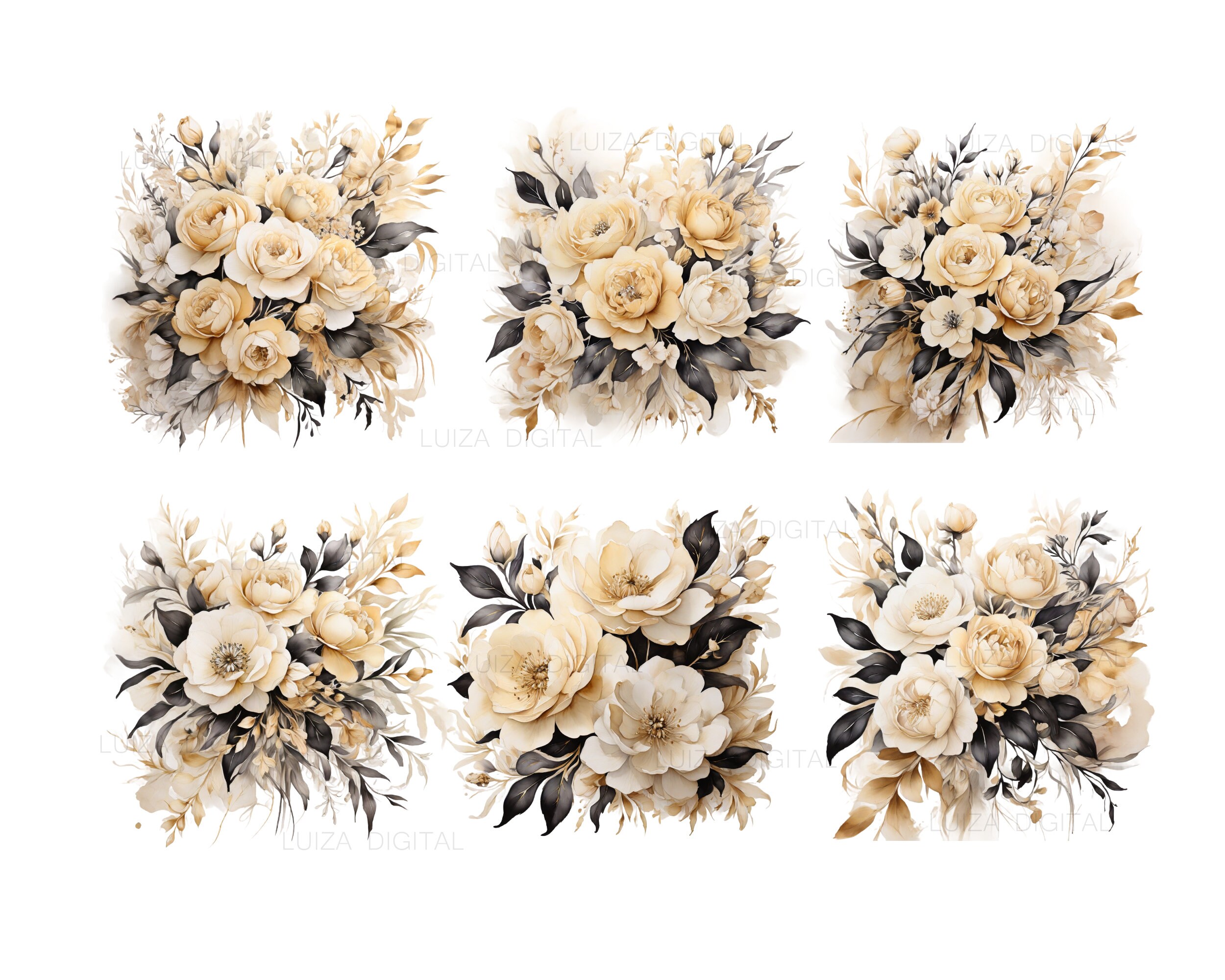 Black and Gold Flowers PNG, Watercolor Floral Clipart Bouquets, Wedding ...
