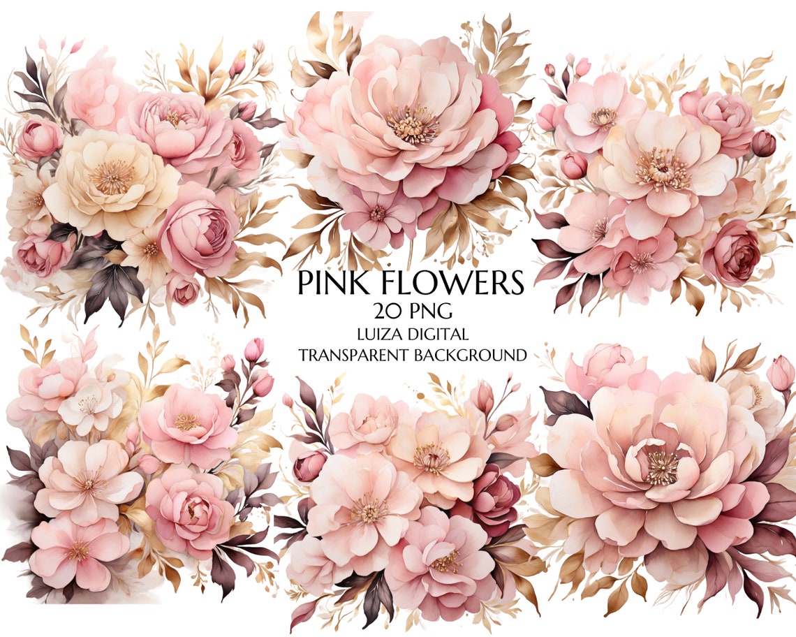 Pink & Gold Flowers PNG, Watercolor Floral Clipart Bouquets, Wedding ...