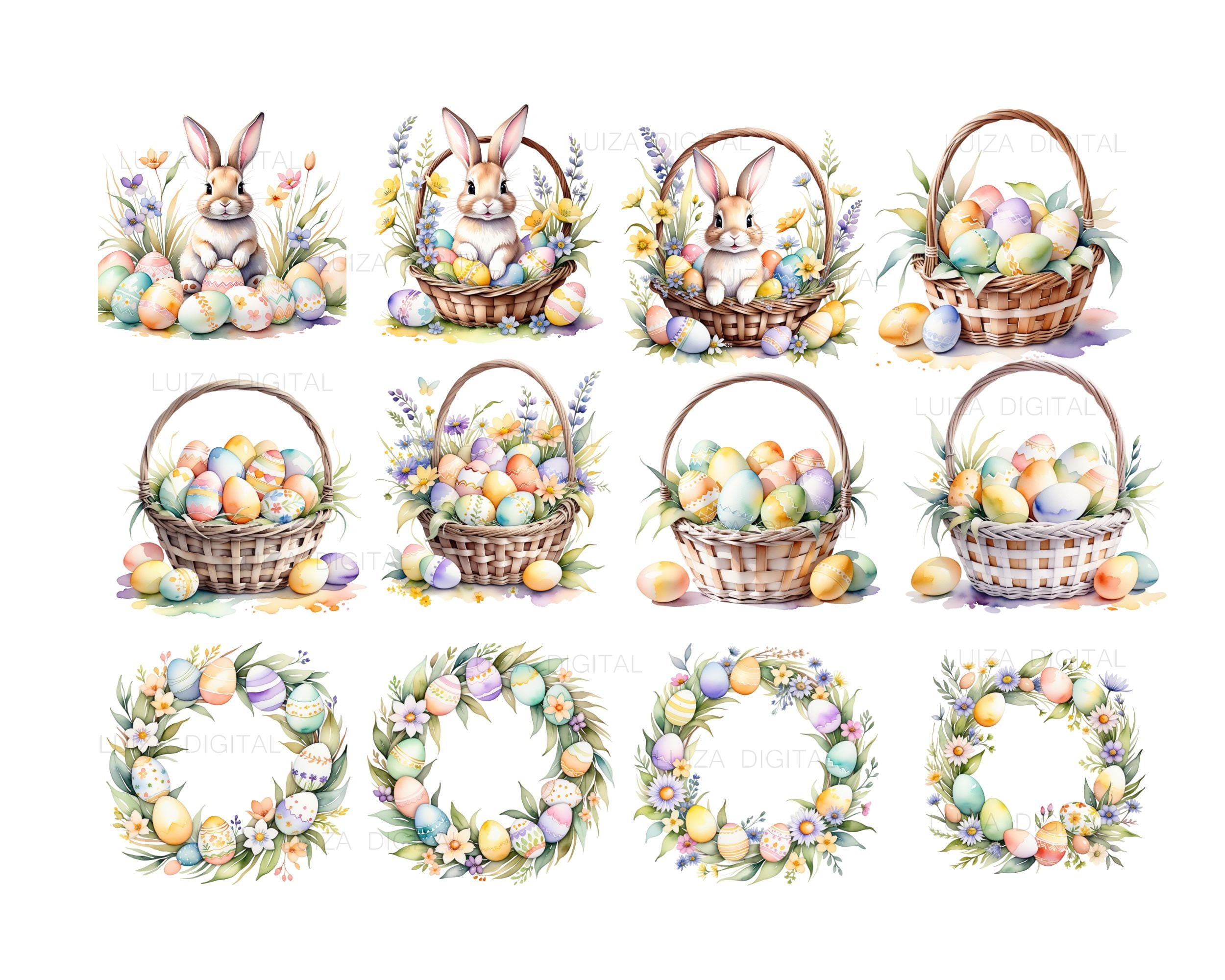 Easter Basket Clipart, Watercolor Floral Bunny Clipart, Country ...