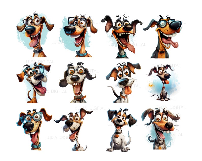 Funny and Crazy Dog Clipart Bundle, Dogs PNG, Watercolor Puppy Graphics ...