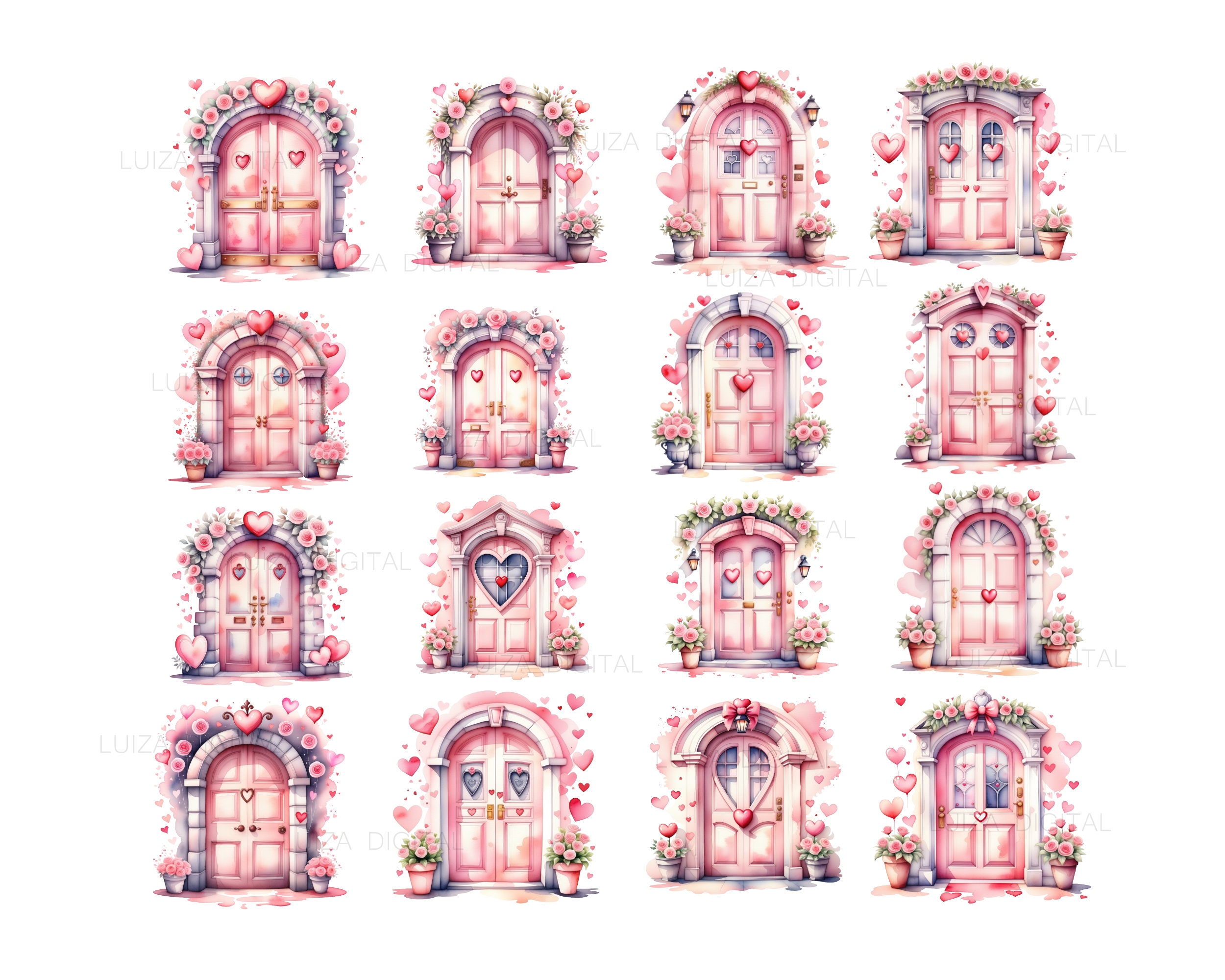 Watercolor Pink Valentine Door Clipart, Front Entrance, Door Frame ...